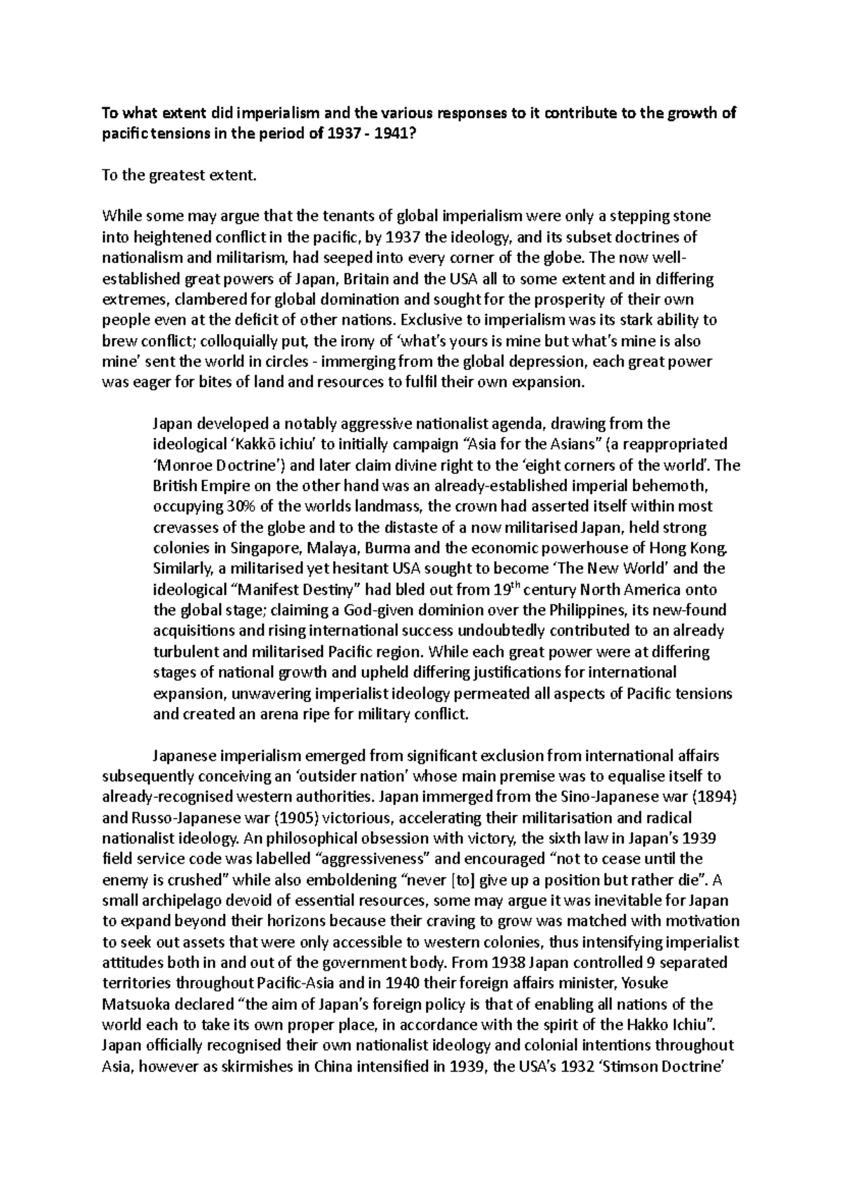 Imperialism Essay - To what extent did imperialism and the various ...