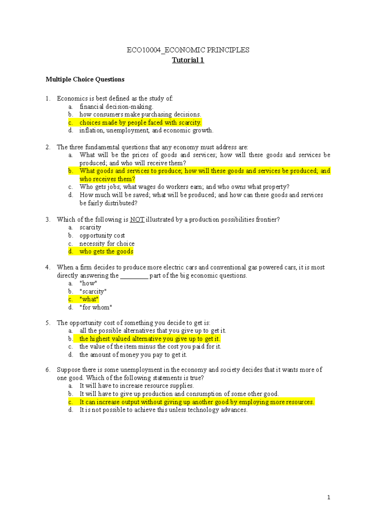Tut 1Eco - Tut 1 - ECO10004_ECONOMIC PRINCIPLES Tutorial 1 Multiple ...