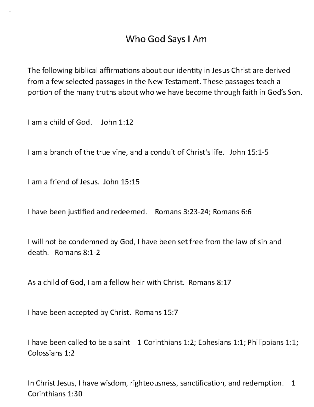 Affirmation - ` Who God Says I Am The following biblical affirmations ...