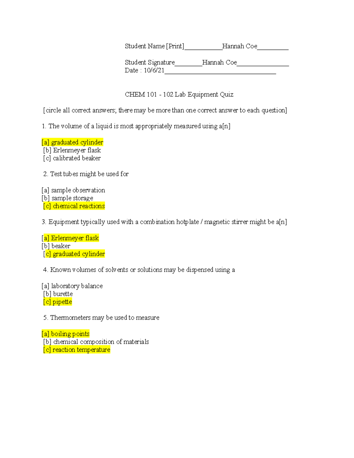 Lab equipment quiz - Student Name [Print]__Hannah Coe Student Signature ...