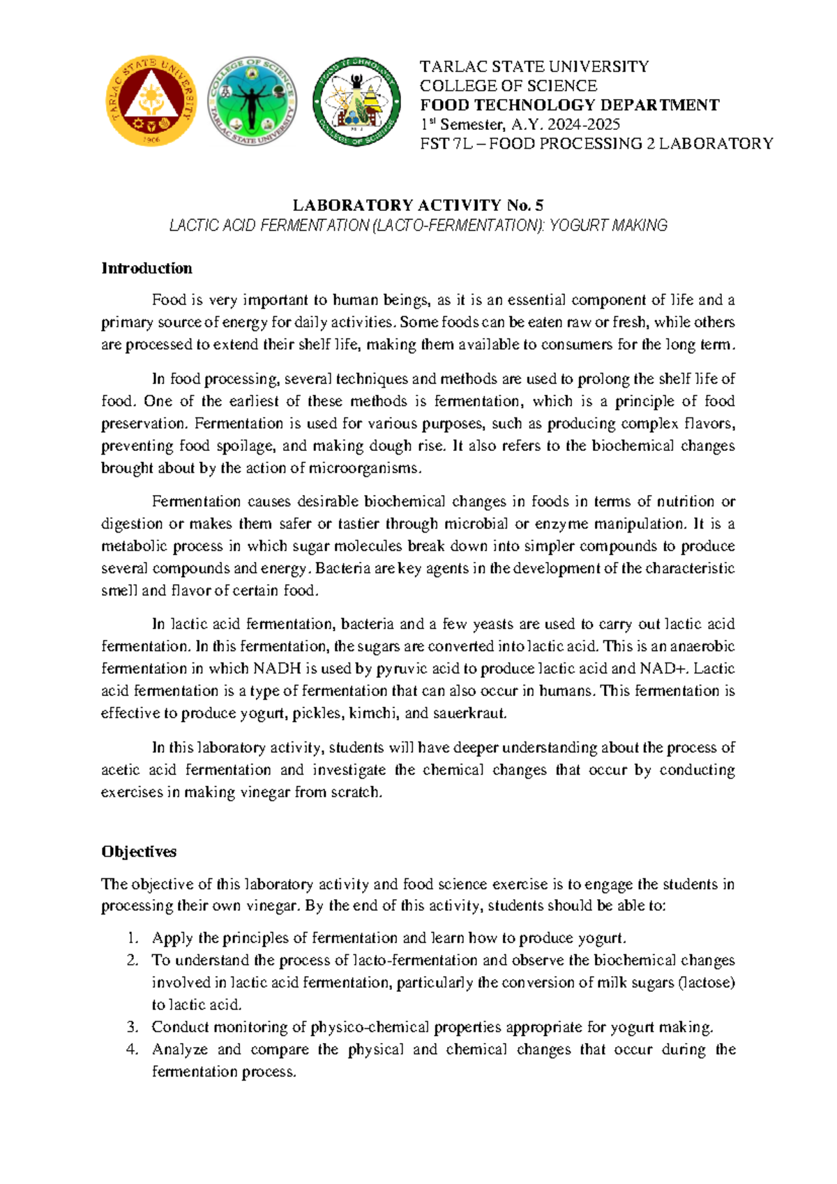 FST 7L Laboratory Activity No. 5 - Yogurt Making - COLLEGE OF SCIENCE ...