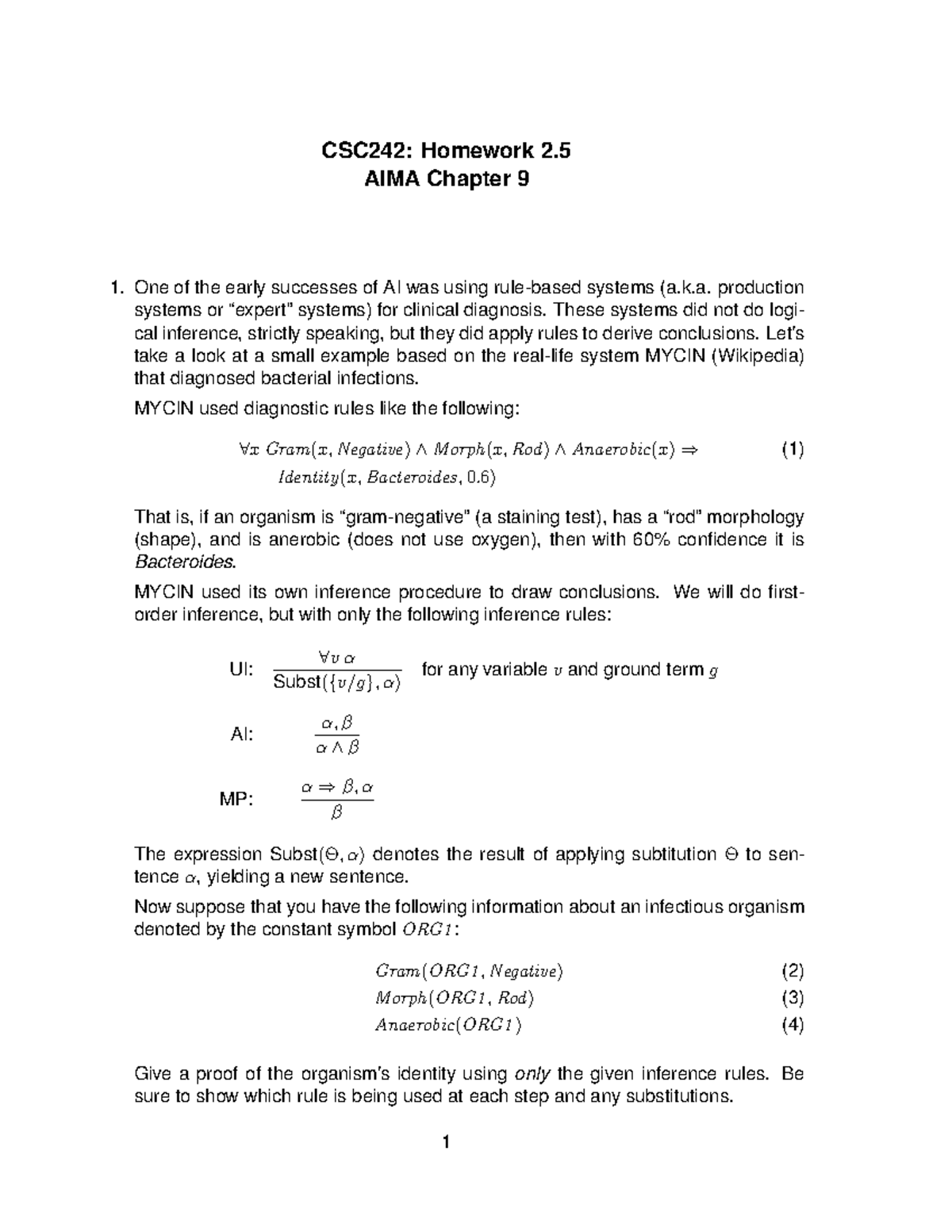 CSC242 homework 2 5 solutions - CSC242: Homework 2. AIMA Chapter 9 One ...
