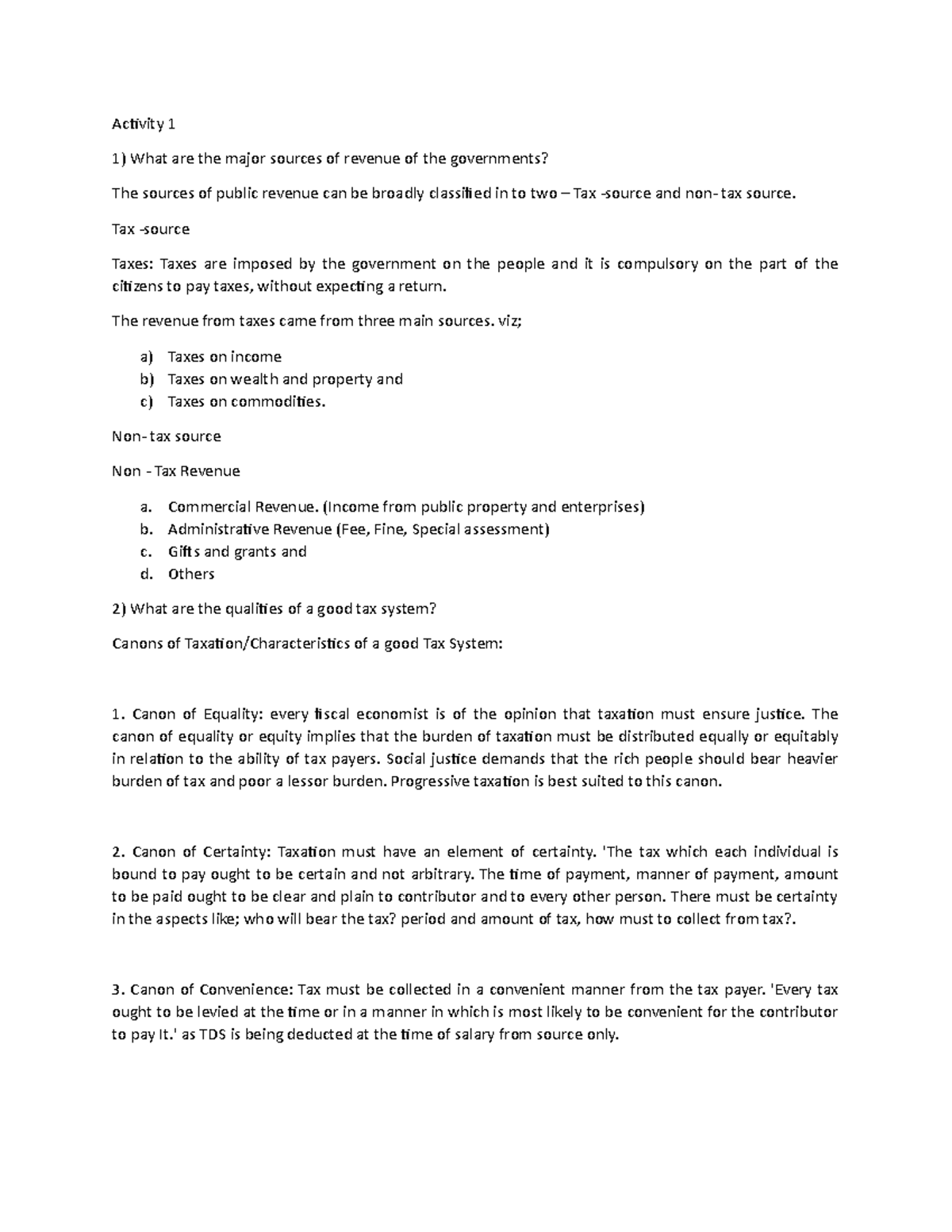 Activity 1 Public finance - Activity 1 What are the major sources of ...