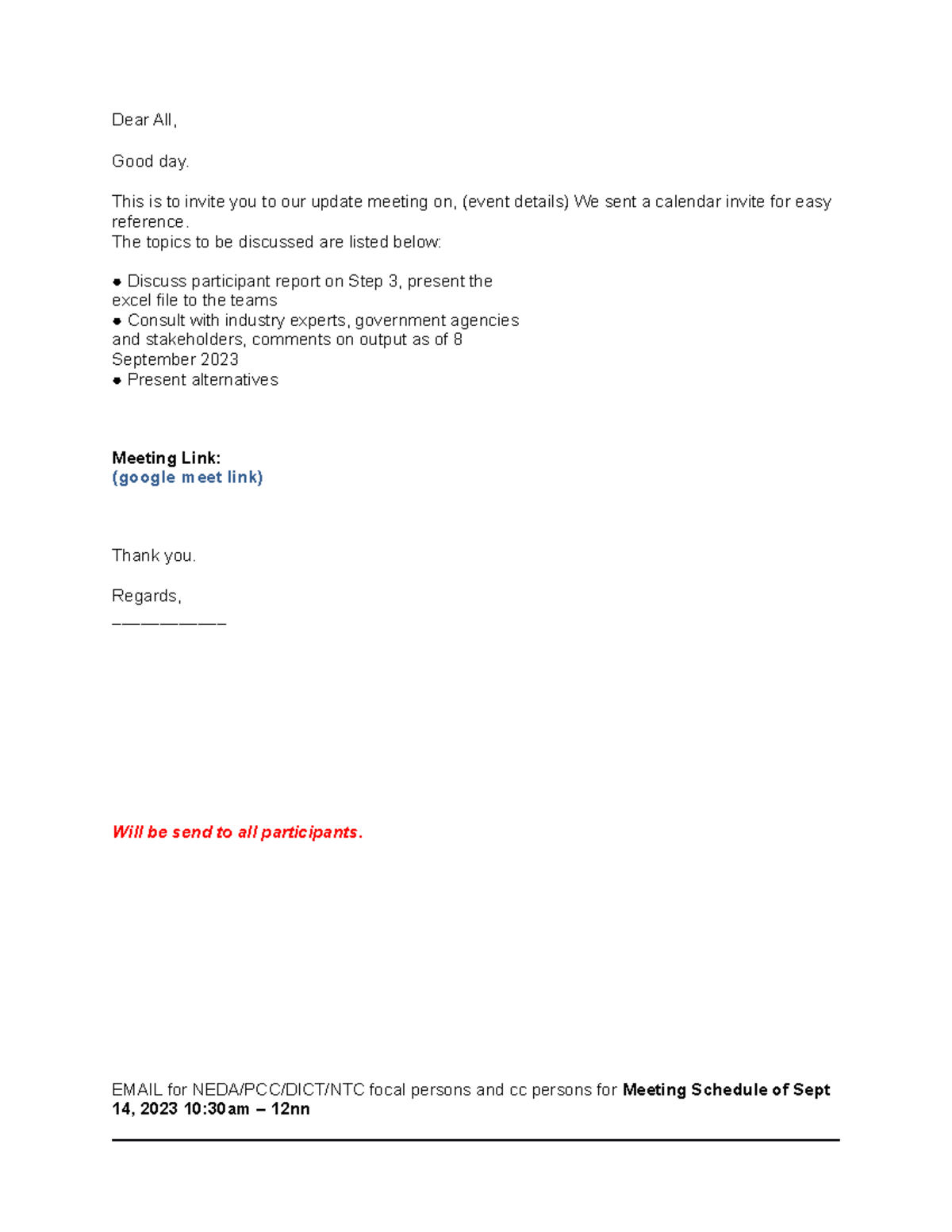 Draft email for SEPT 14 - n/a - Dear All, Good day. This is to invite ...