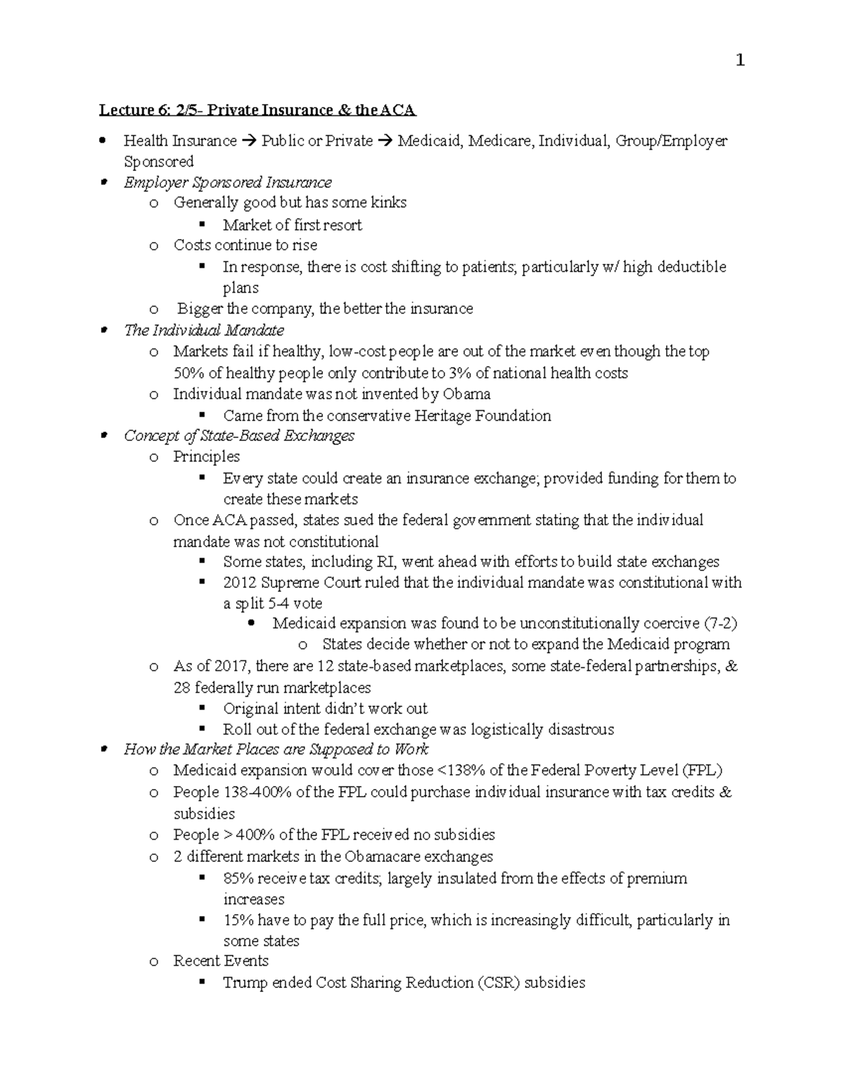 PHP0310 - Lecture Notes 6-10 - Lecture 6: 2/5- Private Insurance & the ...