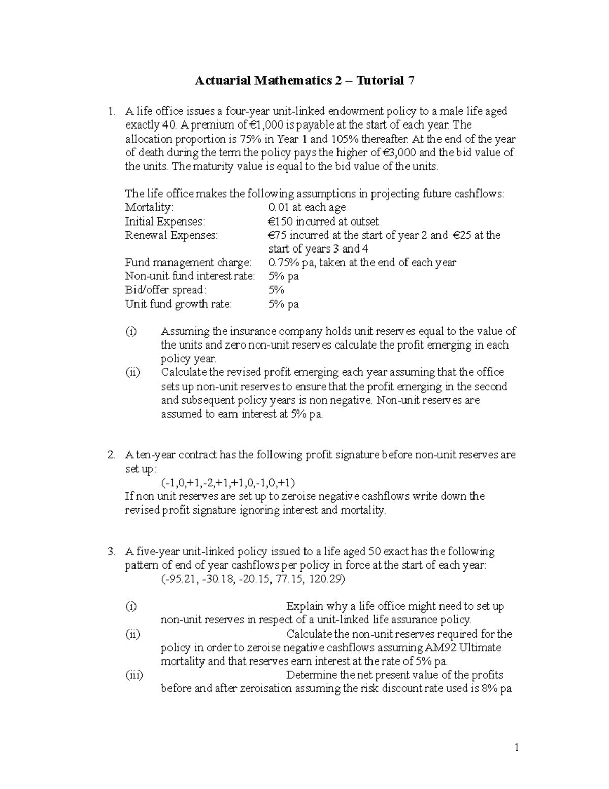 Tutorial Sheet 7%284%29 - Actuarial Mathematics 2 – Tutorial 7 1. A ...