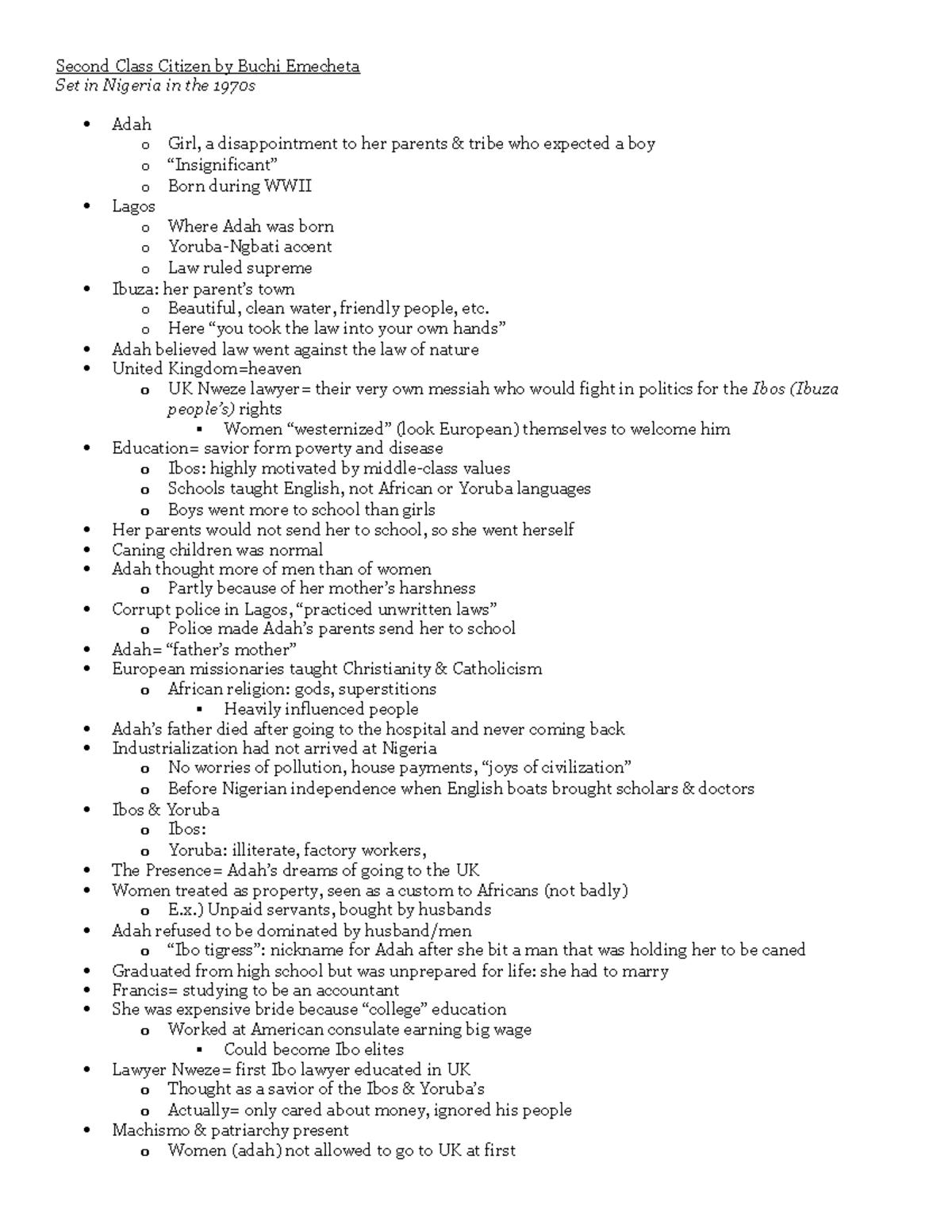 Second Class Citizen by Buchi Emecheta Book Notes - Second Class ...