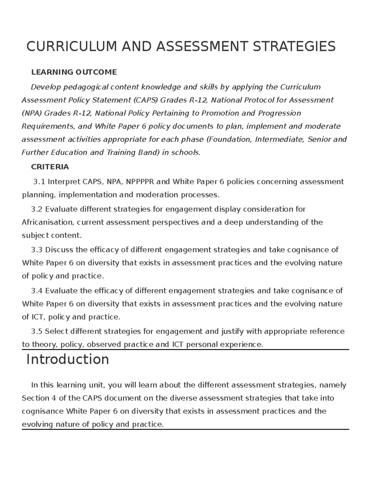 Units 3 - notes for assessment in education - CURRICULUM AND ASSESSMENT ...