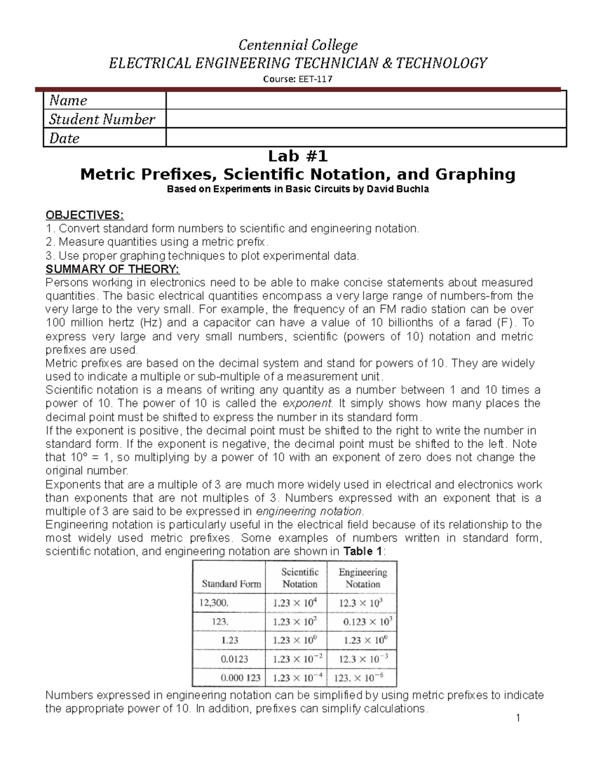 EET-117 LAB 1 F20 (1) lab 1 - Centennial College ELECTRICAL ENGINEERING ...