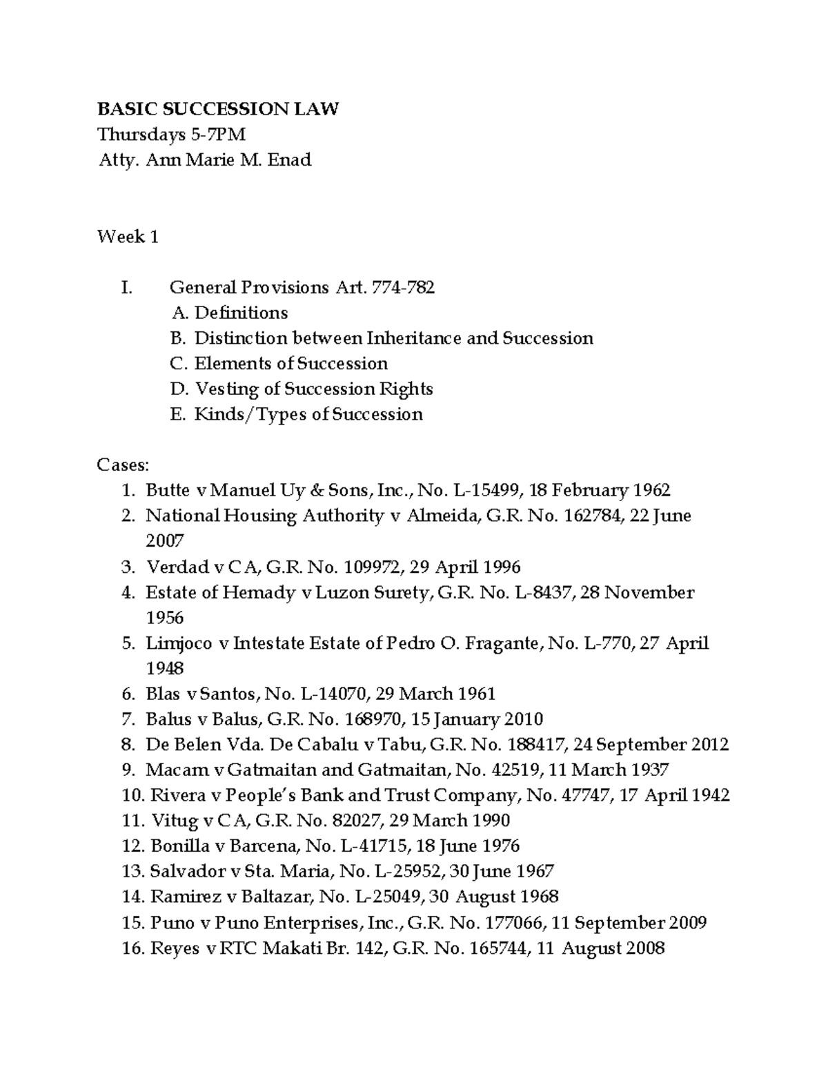 Basic Succession LAW Syllabus - BASIC SUCCESSION LAW Thursdays 5-7PM ...