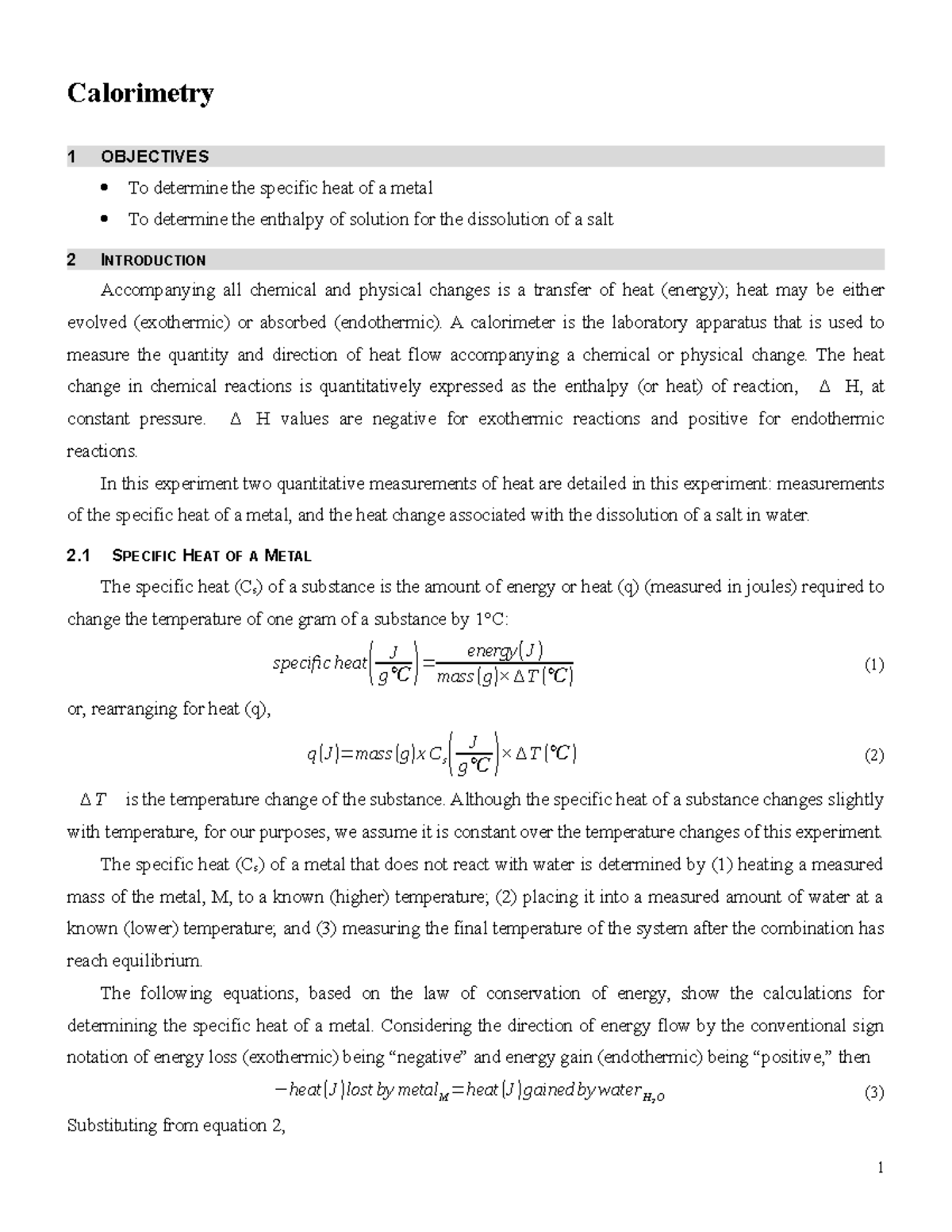 Calorimetry- Procedure - Calorimetry 1 OBJECTIVES To determine the ...