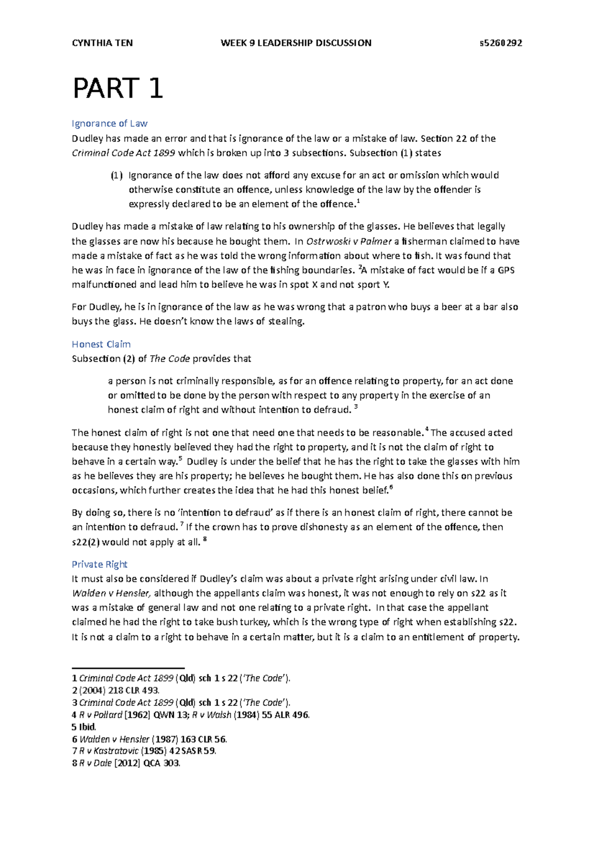 Ignorance of Law and Honest Claim in Criminal Code Act 1899 - Studocu