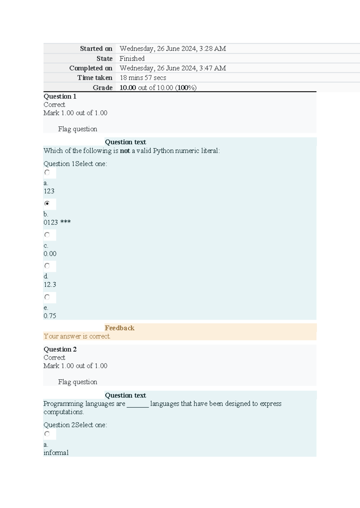 UNIT 1 QUIZ - SELF QUIZ UNIT 1 - Started on Wednesday, 26 June 2024, 3: ...