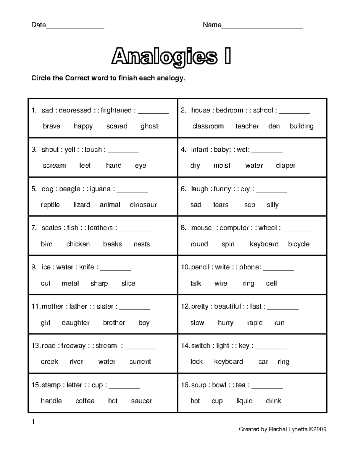 Analogies - easy test - Date_______________ Name_____________________ 1 ...