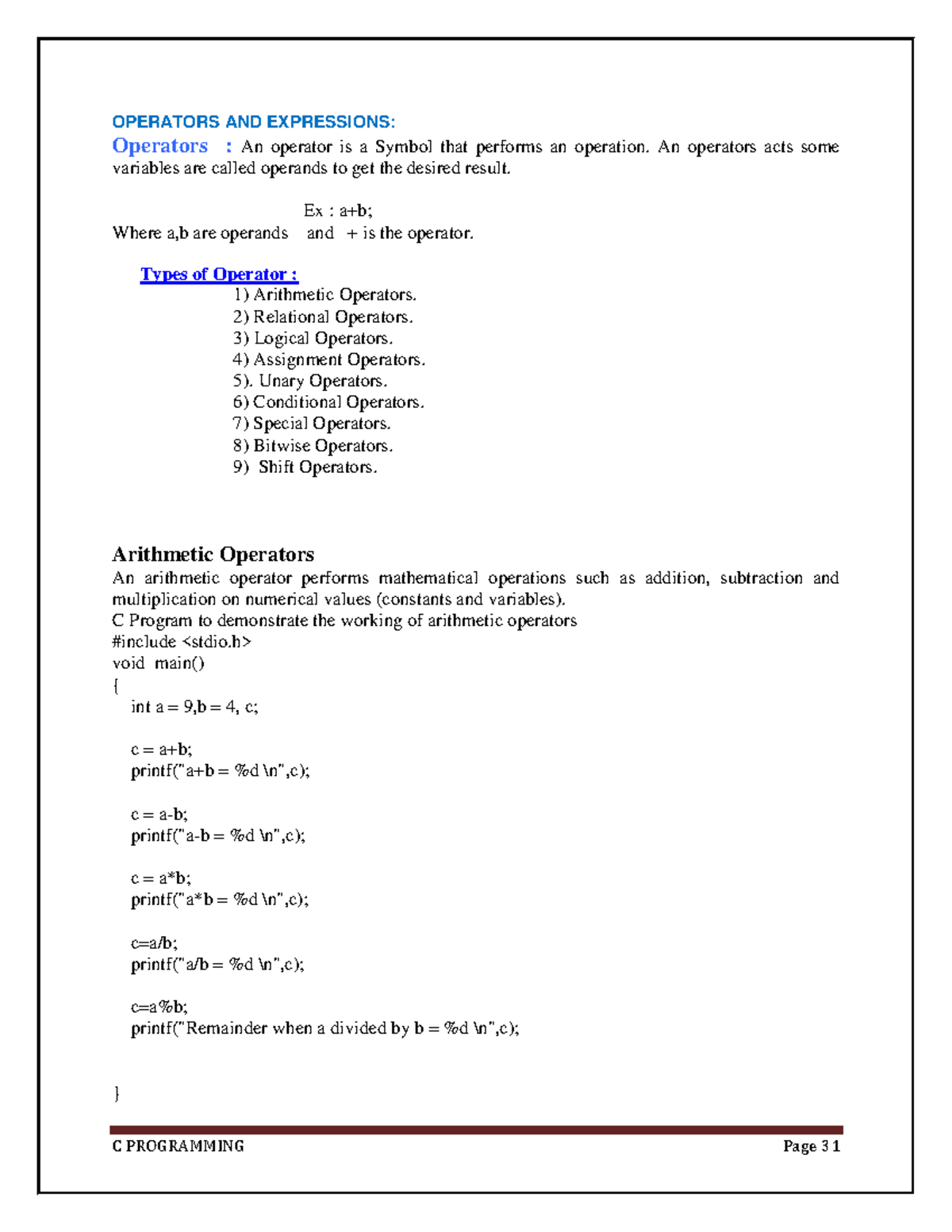 CP-31-40 - academic notes - OPERATORS AND EXPRESSIONS: Operators : An ...