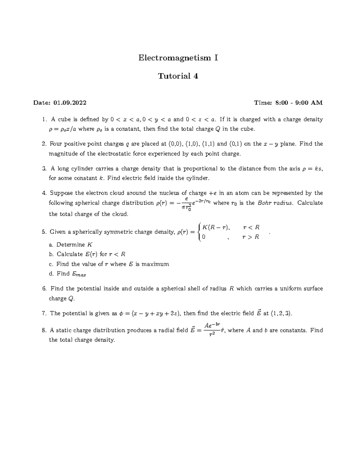 Tutorial 4 - its important - Electromagnetism I Tutorial 4 Date: 01.09 ...