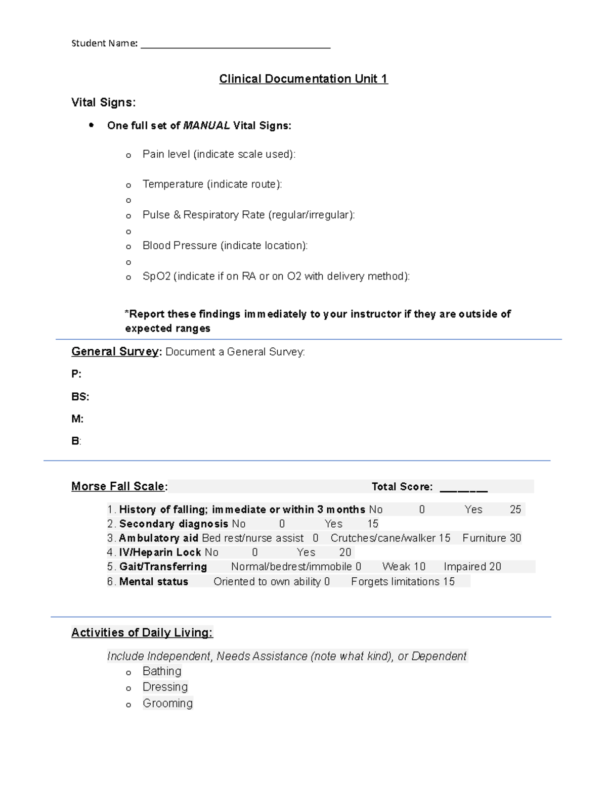 Clinical Documentation Unit 1 HHA - Student Name: ___________________________________ Clinical ...
