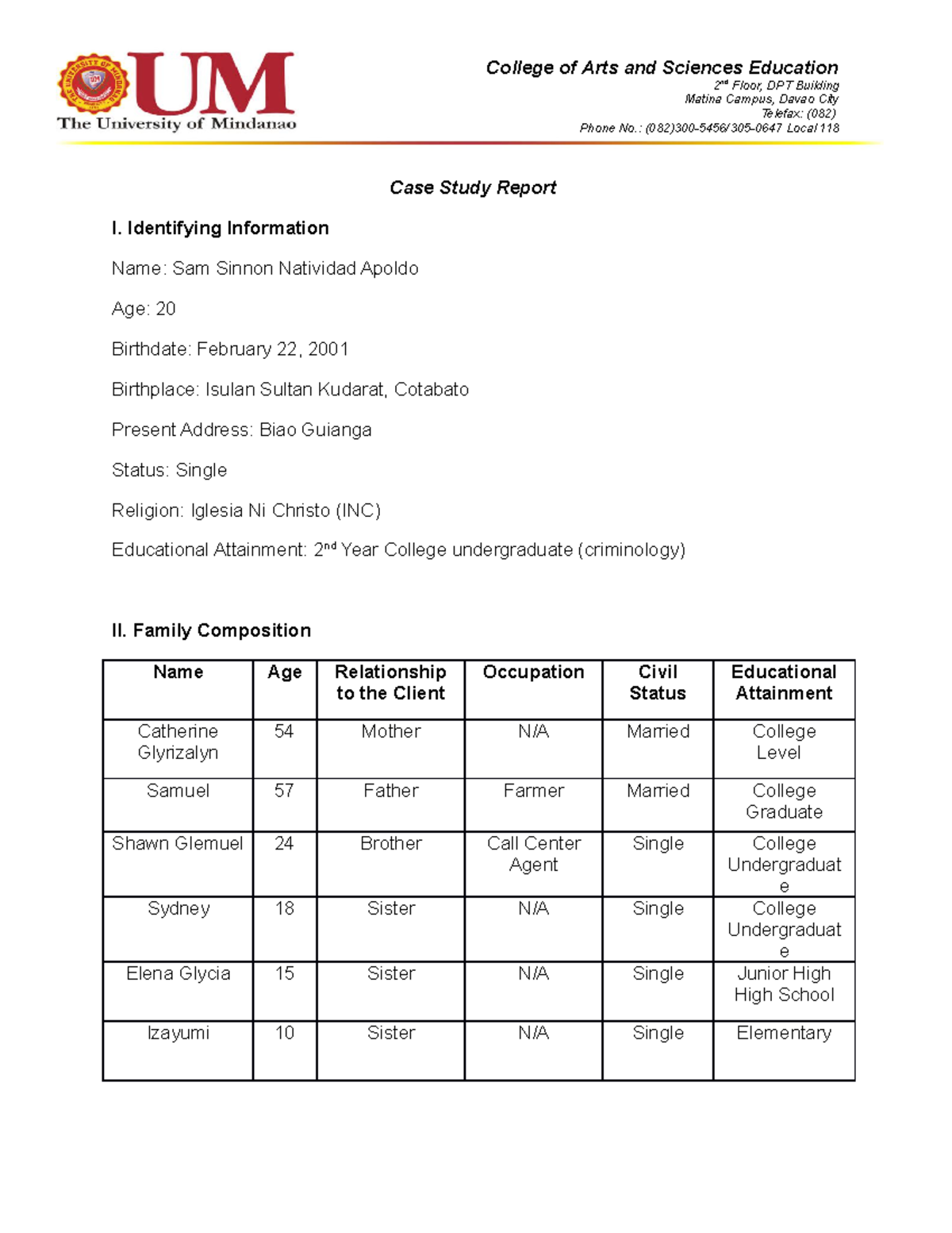 Case Study Report- Jayvee Piedraverde - 2 nd Floor, DPT Building Matina ...