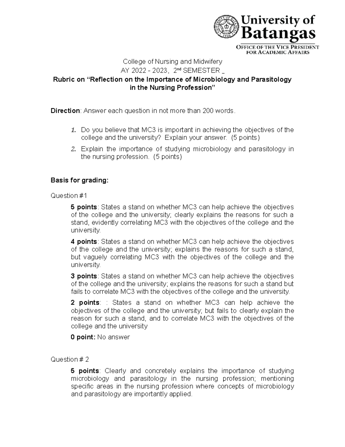 MC3 Rubric on the importance of microbiology in the nursing profession ...