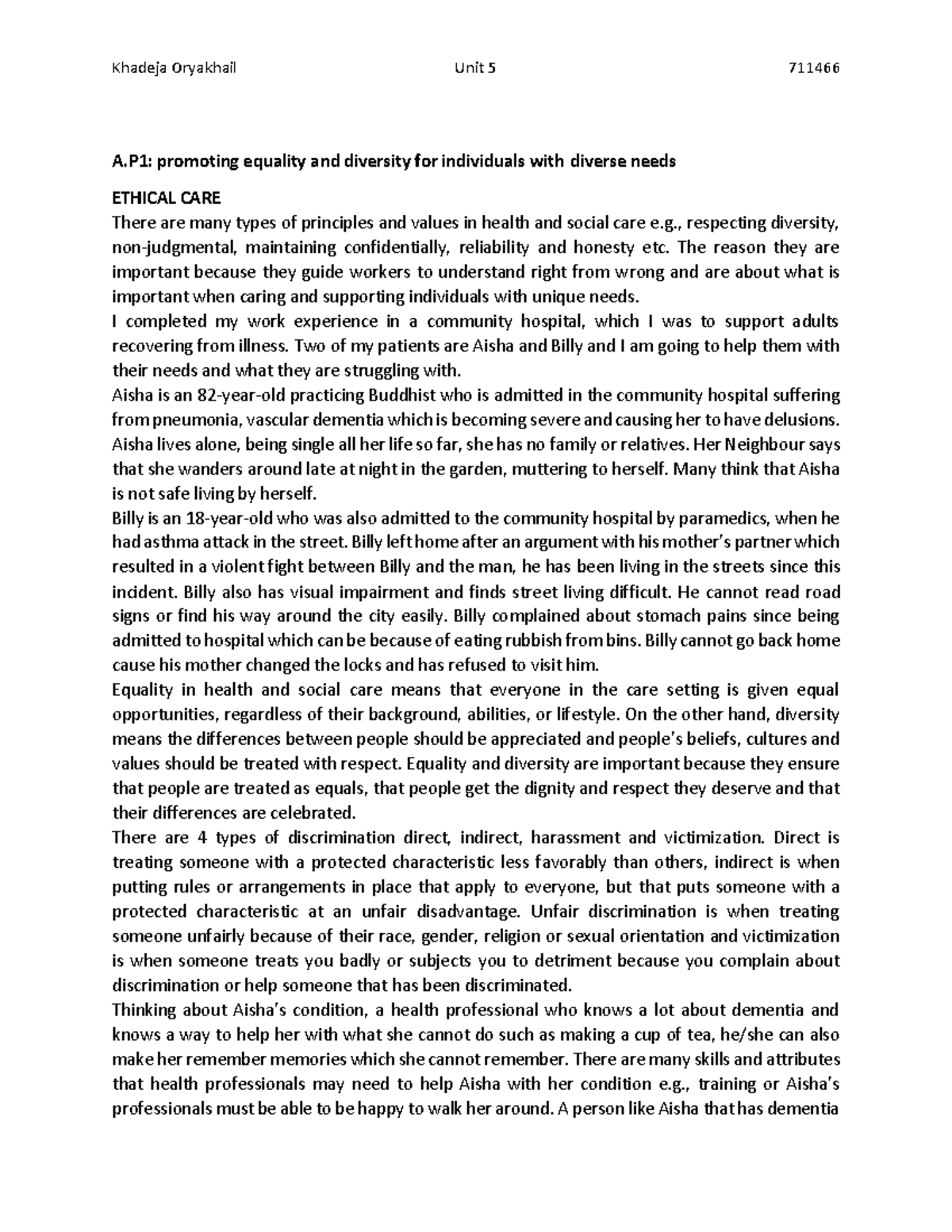 Khadeja TASK 1 2 - Copy - leavel 3 coursework for health and social - A ...