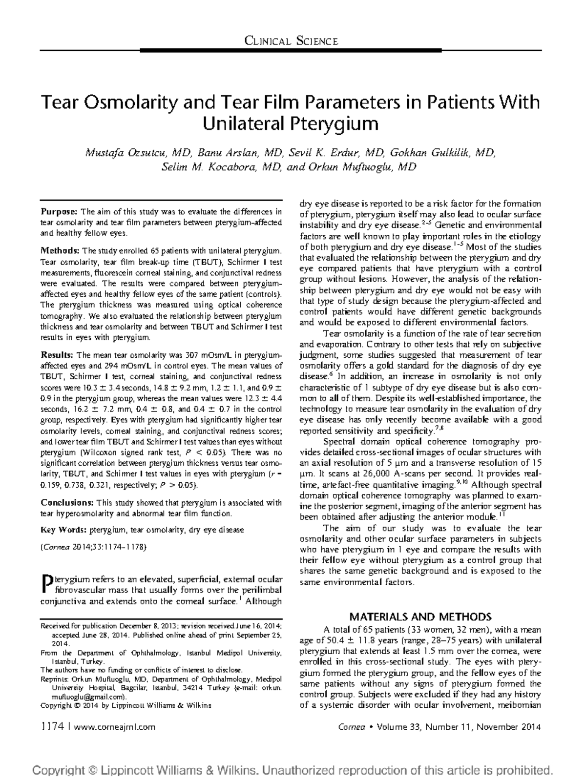 Tear Osmolarity and Tear Film Parameters - Erdur, MD, Gokhan Gulkilik ...