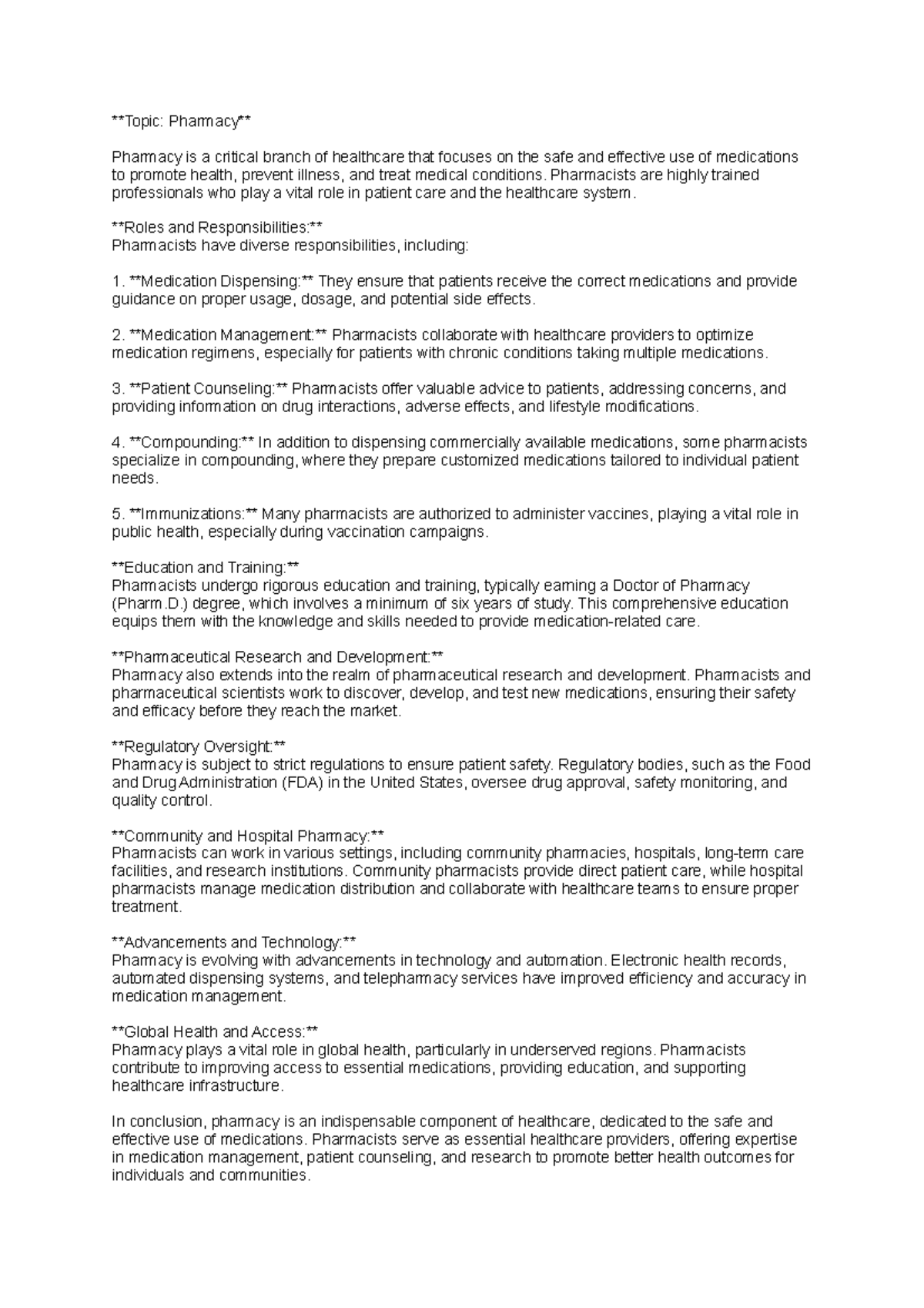 Codes 996785895 - Handout - Topic: Pharmacy Pharmacy is a critical ...