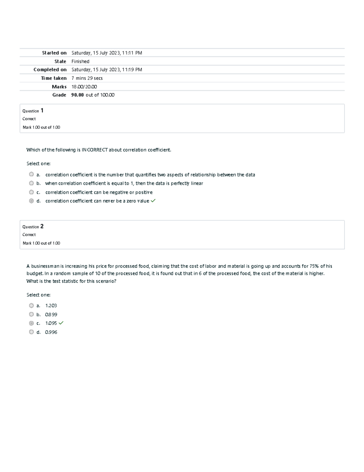 STAT2112 Q2 Written Work 2 Attempt review - Started on Saturday, 15 July 2023, 11:11 PM State ...