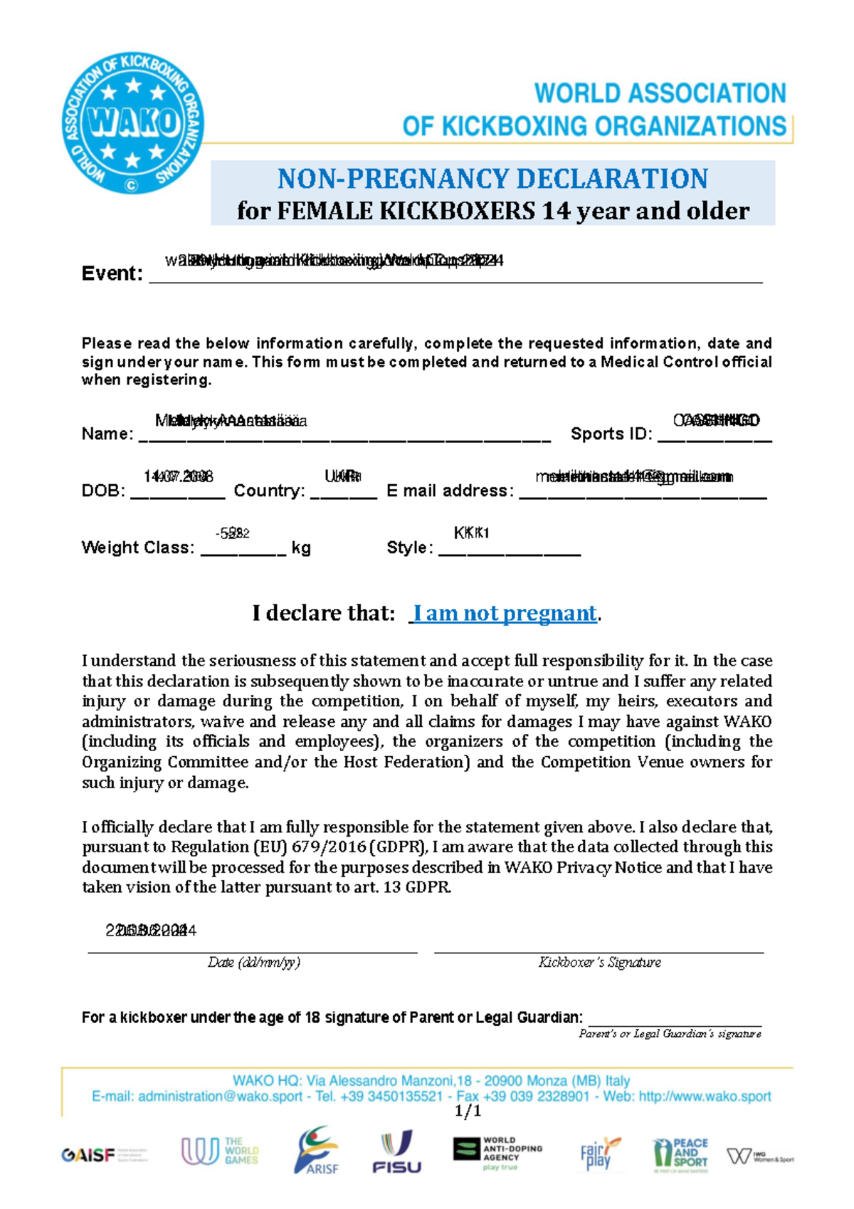 WAKO Non Pregnancy Declaration to Fill Out for ALL Female Competitors ...