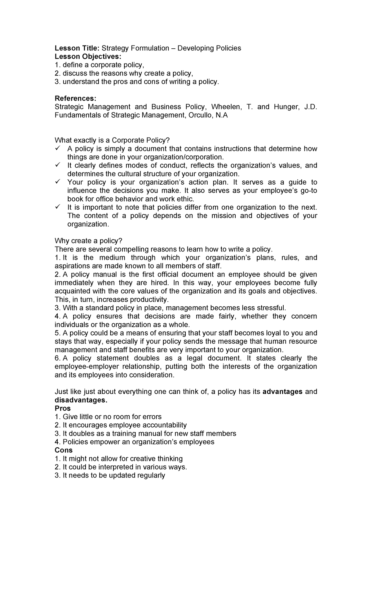 Strategy Formulation – Developing Policies - Lesson Title: Strategy ...