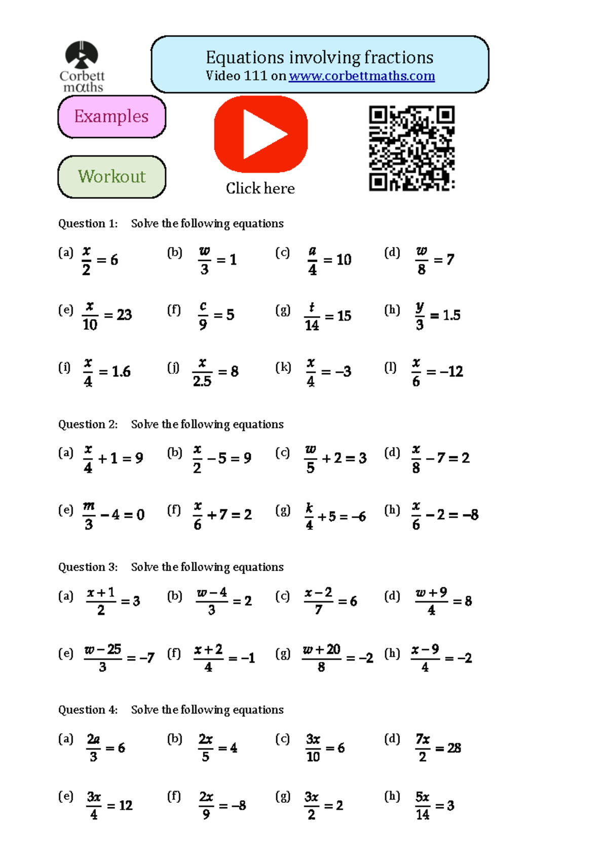 Fractional-Equations-pdf - ! Equations involving fractions Video 111 on corbettmaths Question 1 ...