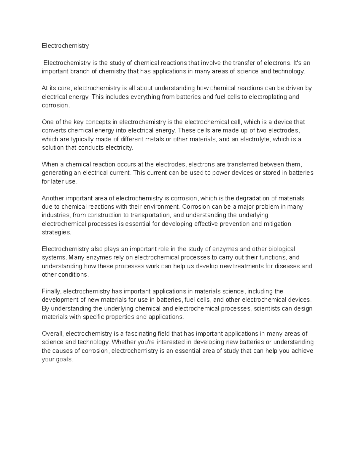 Electrochemistry - Electrochemistry Electrochemistry is the study of ...