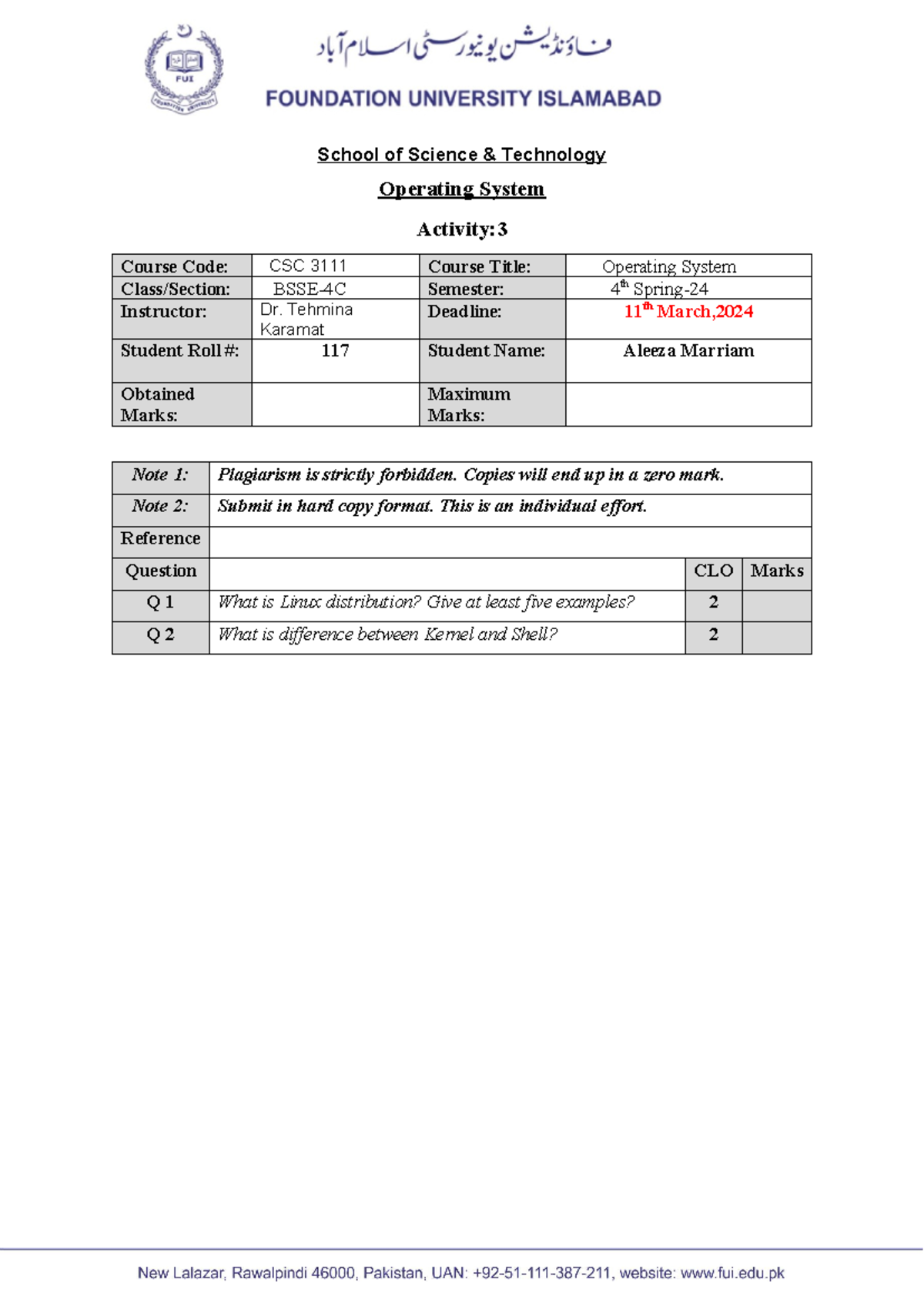Operating system cover page - School of Science & Technology Operating ...