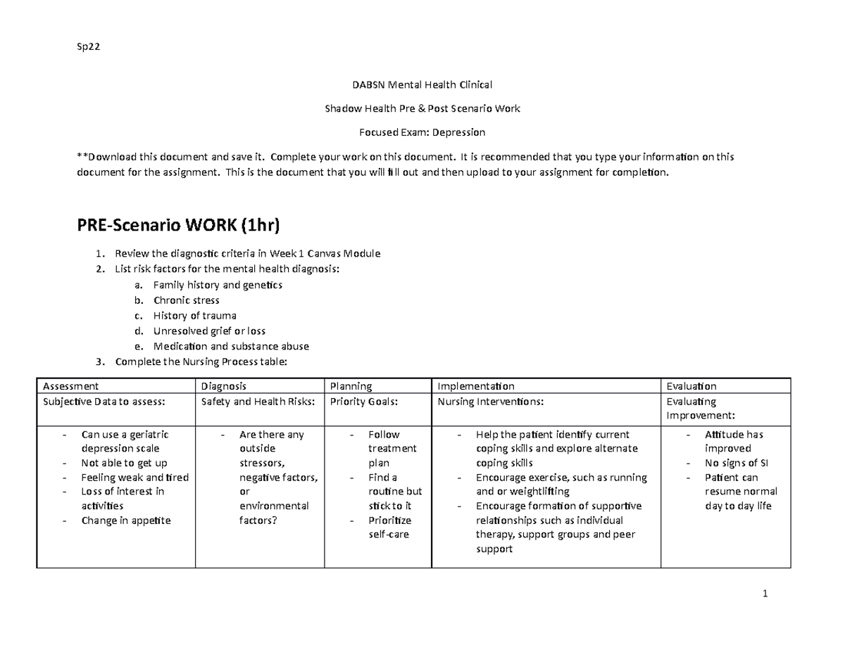 Depression Pre and Post Work-2-1 - DABSN Mental Health Clinical Shadow ...