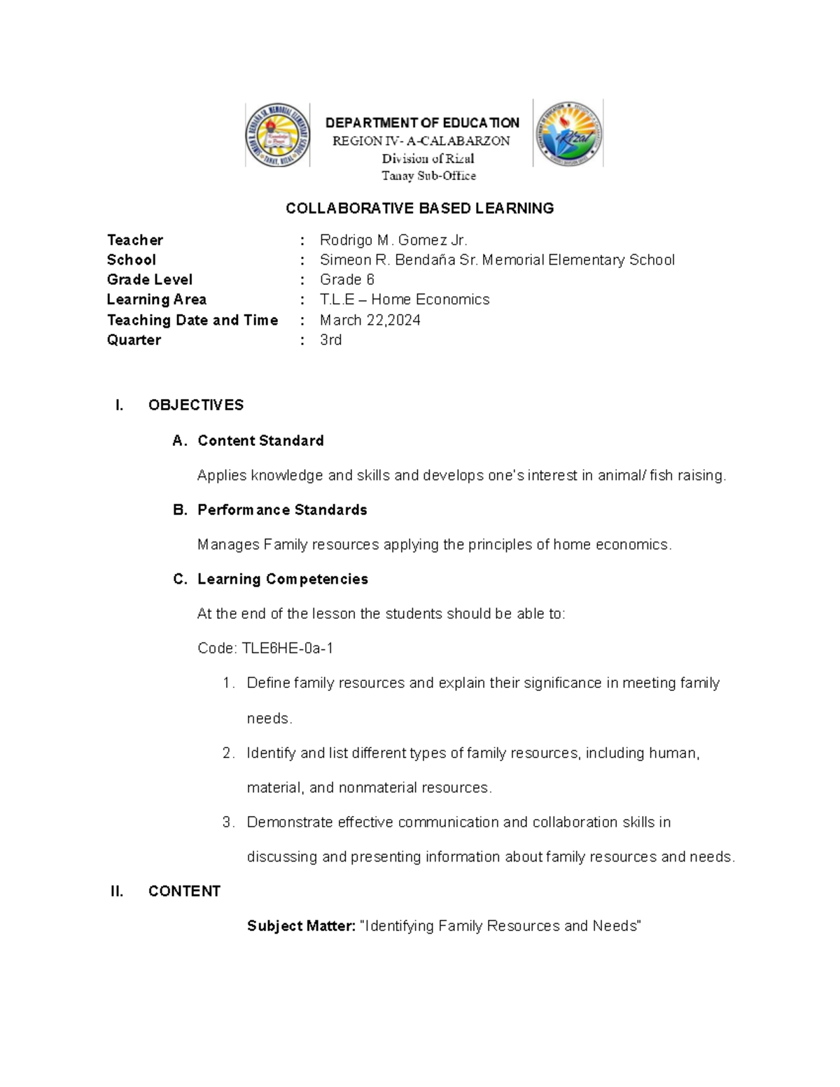 Local-Demo - lesson plan - COLLABORATIVE BASED LEARNING Teacher ...