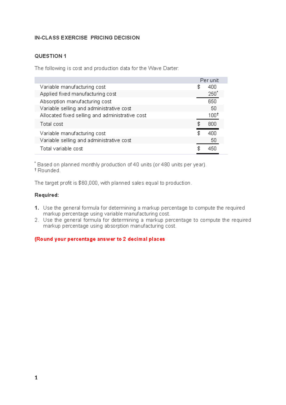 In-class exercise - Pricing Decision - IN-CLASS EXERCISE PRICING ...