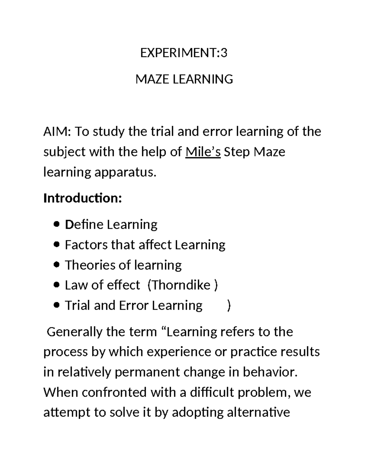 Maze Learning Experiment - EXPERIMENT: MAZE LEARNING AIM: To study the ...