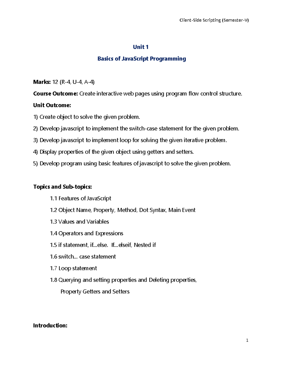 Unit1 Basics of Java Script - Unit 1 Basics of JavaScript Programming ...