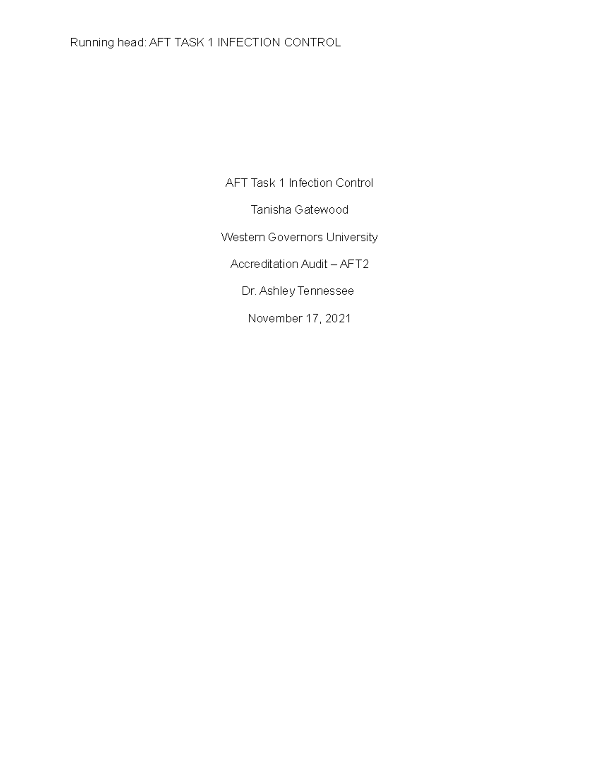AFT Task 1 Infection Control - AFT Task 1 Infection Control Tanisha ...