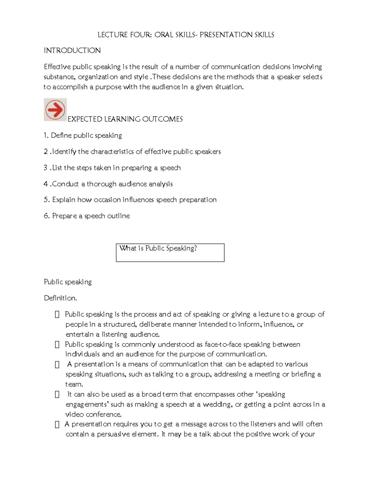 Lecture FOUR - Summary of communication skills - LECTURE FOUR: ORAL SKILLS- PRESENTATION SKILLS ...