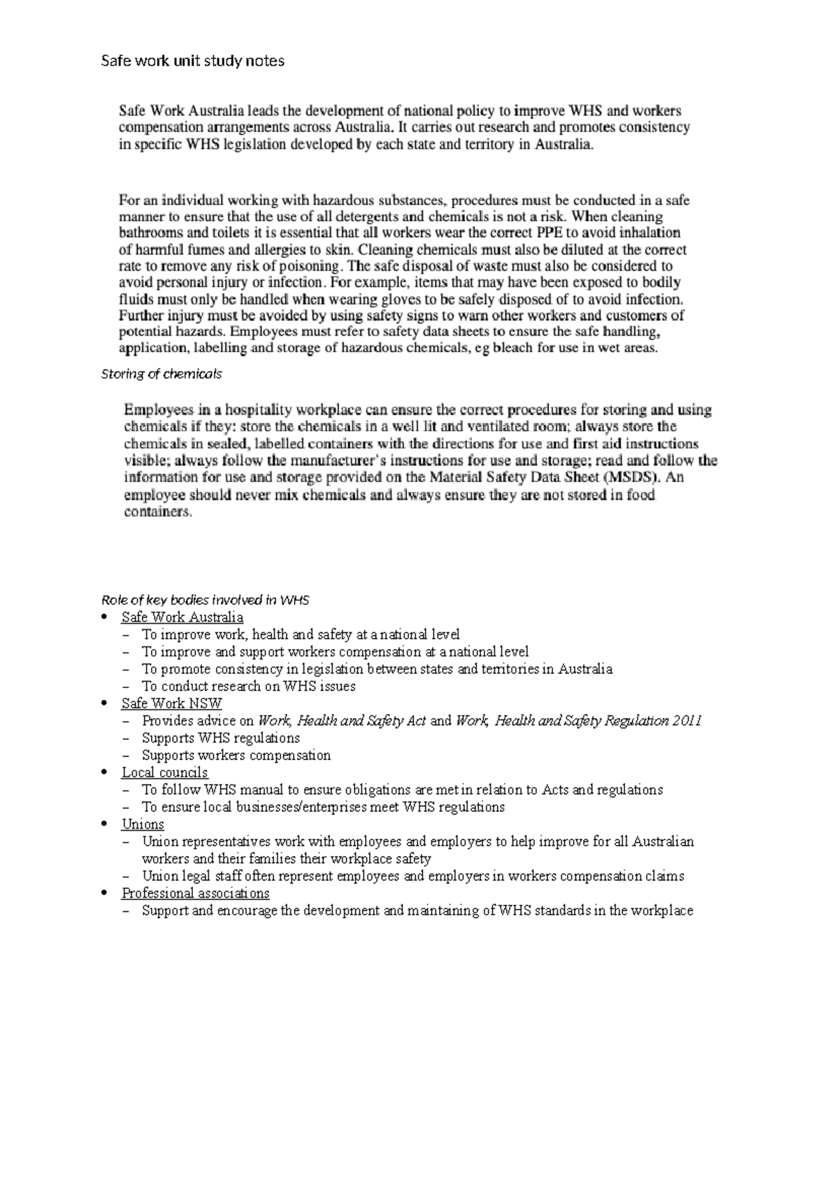 Safe work study notes - safe work summary - Storing of chemicals Role ...