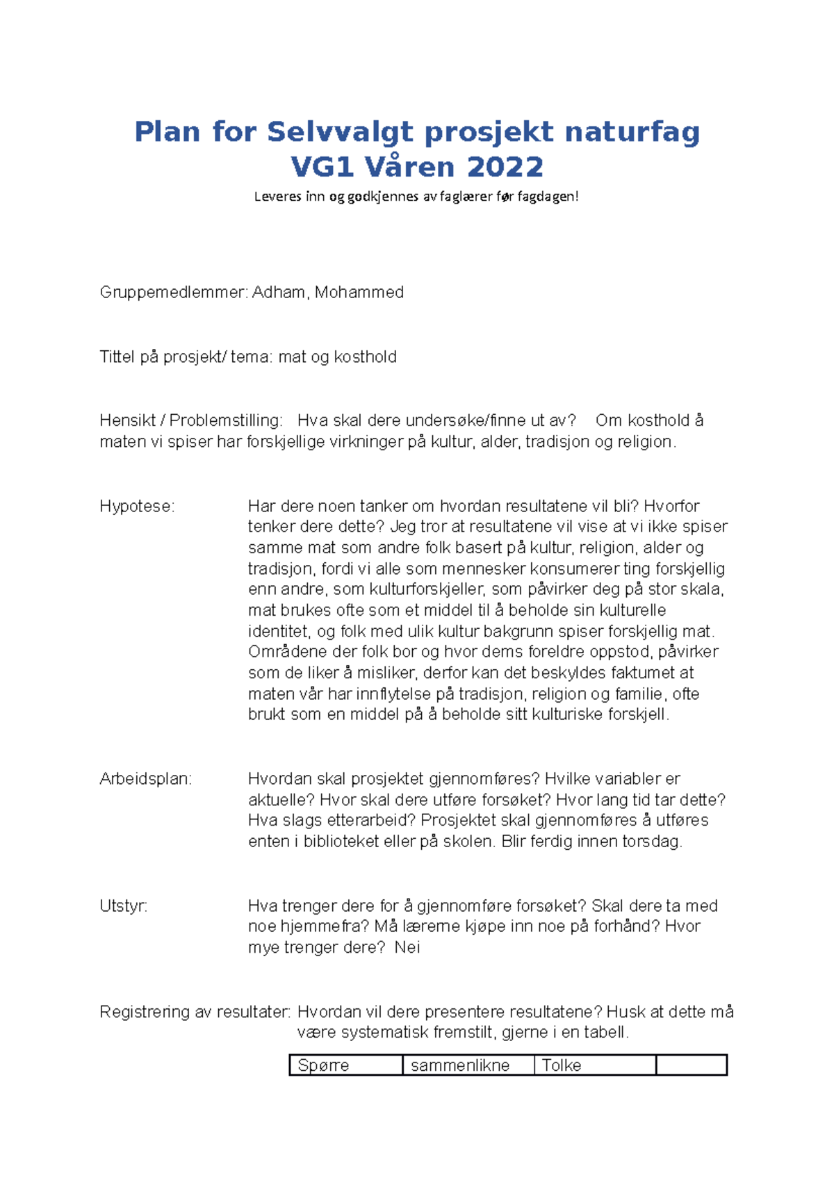 Prosjektplan selvvalgt 2022mal - Plan for Selvvalgt prosjekt naturfag ...