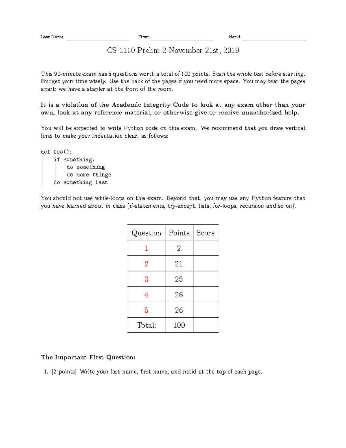 2019 fall prelim 2 answers - CS 1110 Prelim 2 November 21st, 2019 This ...