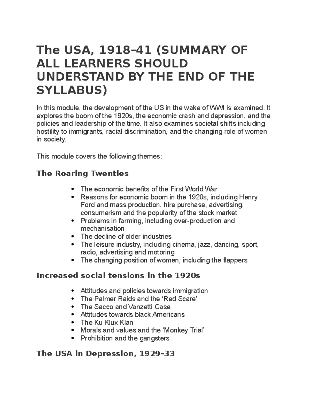 The USA Summary - help learners - The USA, 1918–41 (SUMMARY OF ALL ...
