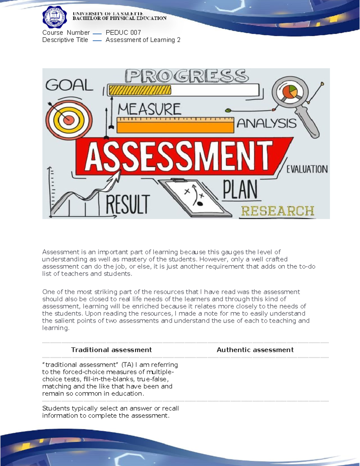 Assessment - NOTES - Course Number PEDUC 007 Descriptive Title ...