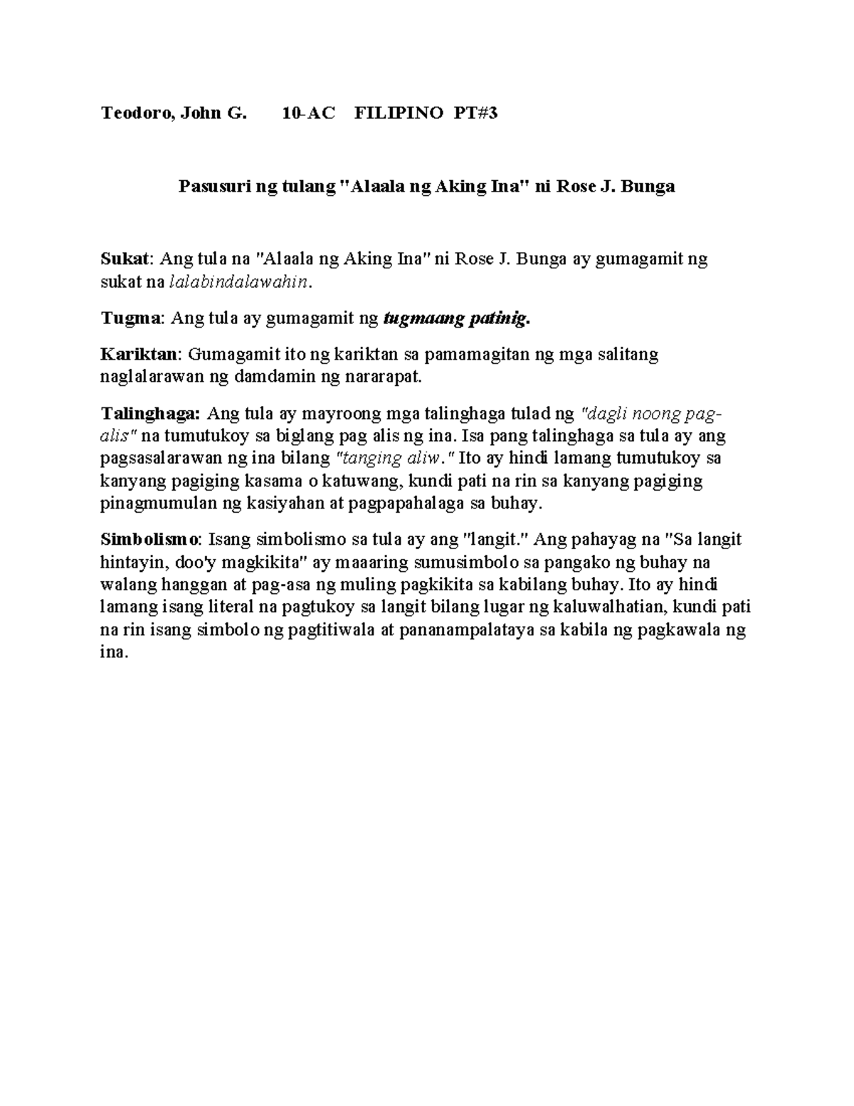 Pt3 - DFEF - Teodoro, John G. 10-AC FILIPINO PT# Pasusuri ng tulang ...