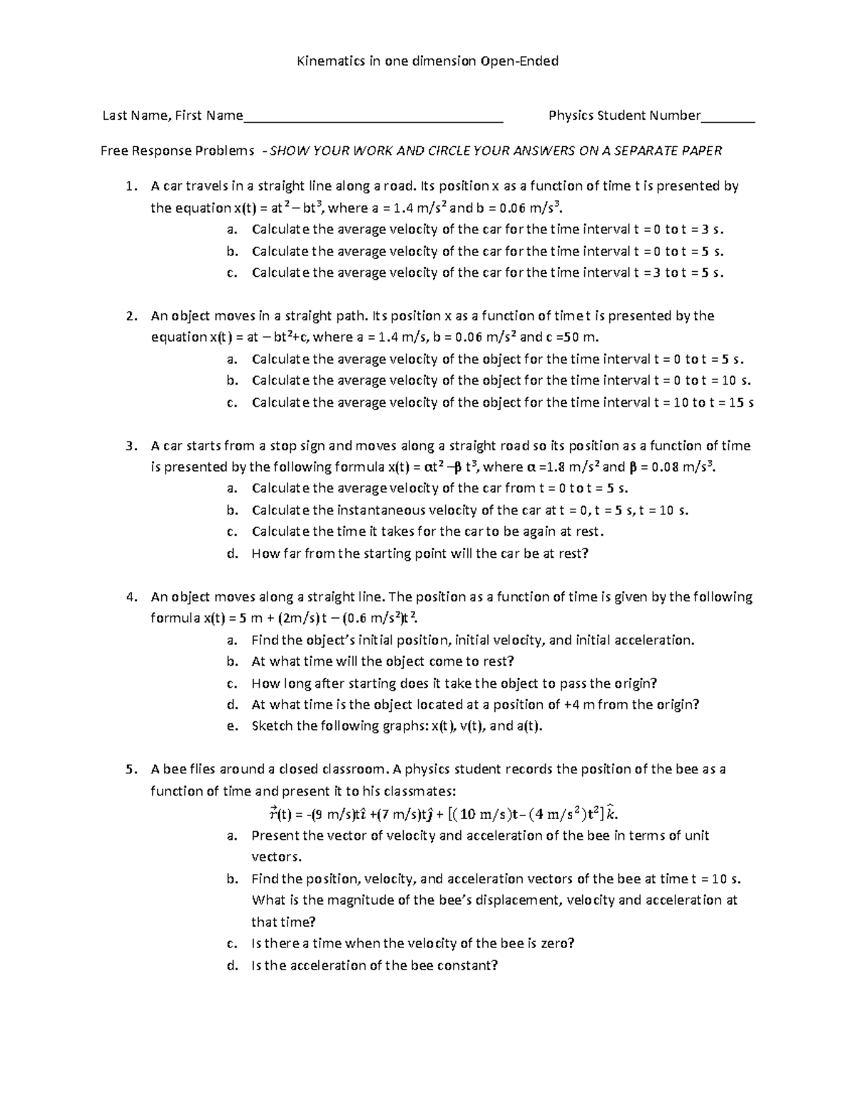 1-D Kinematics Open-Ended Student Copy - Last Name, First Name