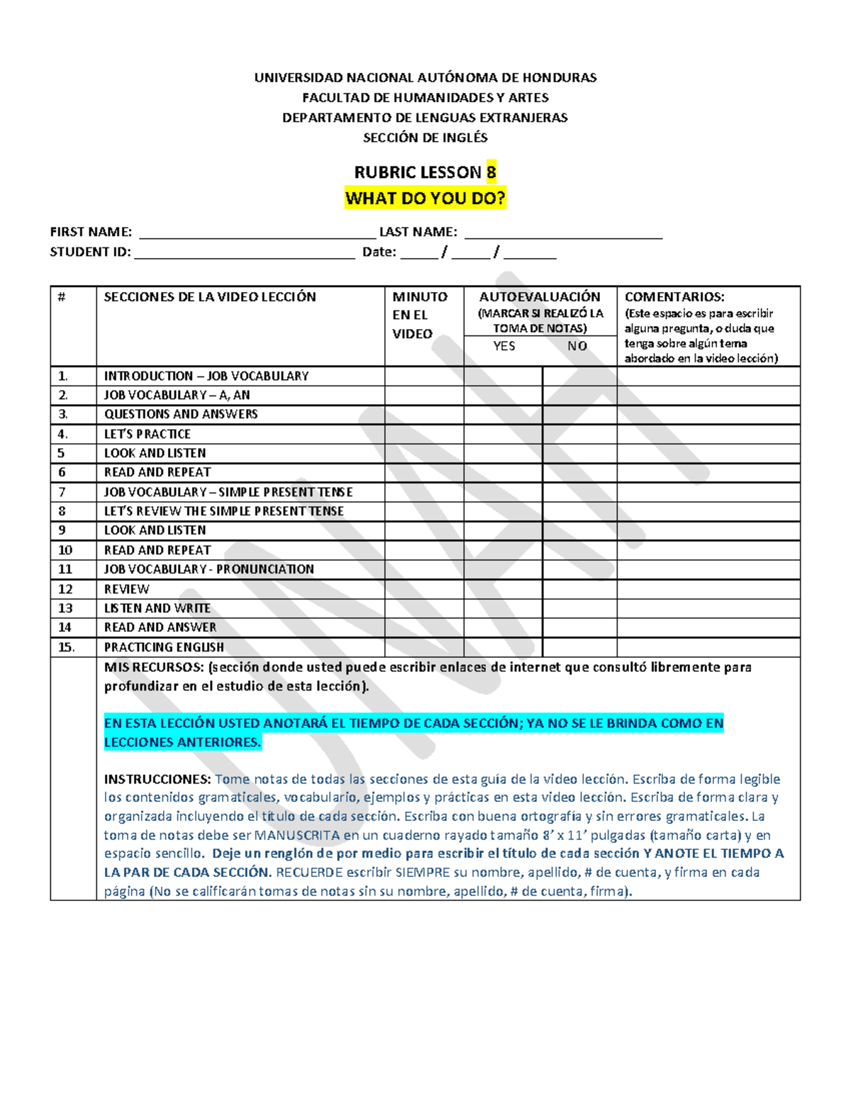 Lesson 8 - GUIA TOMA DE Notas - UNIVERSIDAD NACIONAL AUTÓNOMA DE HONDURAS FACULTAD DE ...