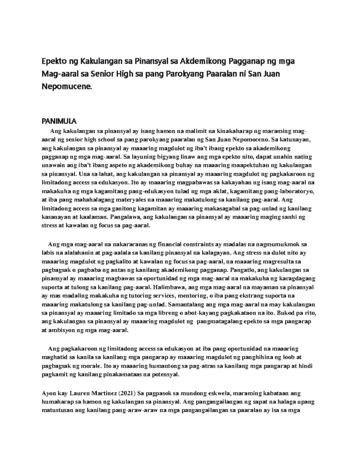 Epekto ng Kakulangan sa Pinansyal sa Akdemikong Pagganap ng - PANIMULA ...