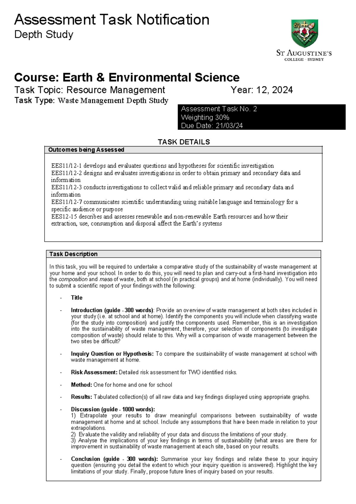 12 EES Assessment Task 2 2024 - Assessment Task Notification Depth ...