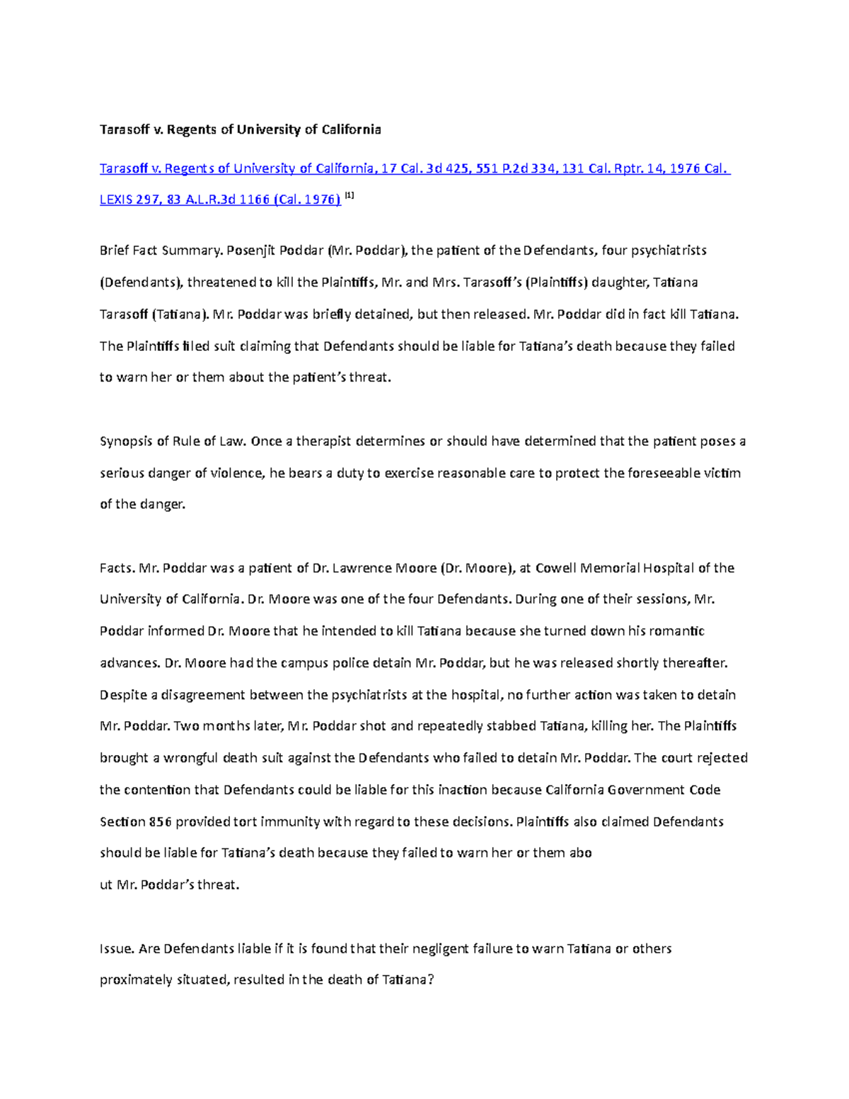 Tarasoff v. Regents of University of California - Tarasoff v. Regents ...